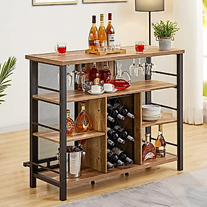 BON AUGURE Industrial Home Bar Unit for Liquor and Glasses, Indoor Mini Bars for Home, Rustic Wine Bar Cabinet with Stemware Rack and Foot Rail (Vintage Oak)