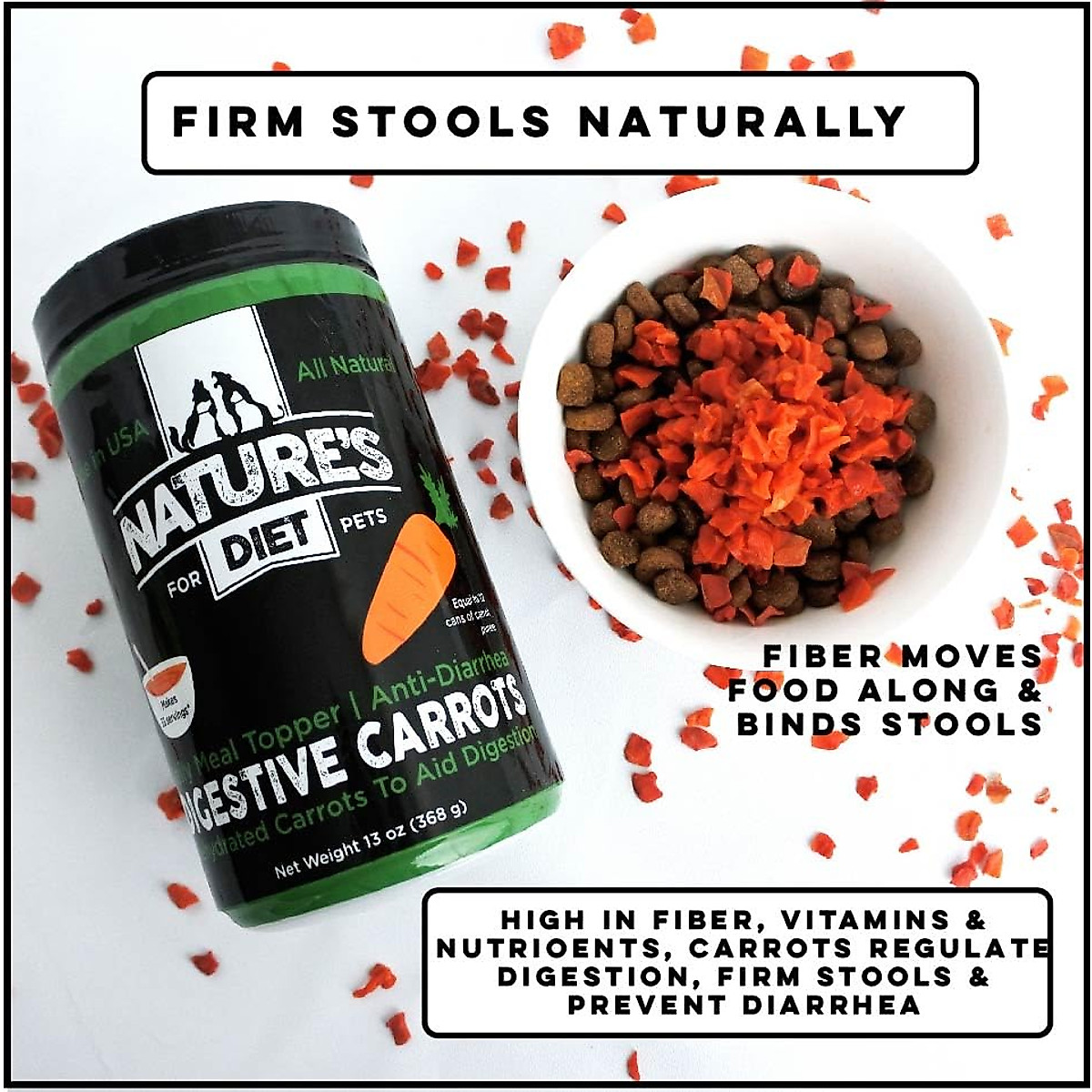 Nature's Diet® Digestive Carrots - Dehydrated Carrot Dog Food Topper for Diarrhea Relief and Improved Digestion, Fiber for Dogs Keep Poop Firm, Gut Health, Firm Stool, Daily Supplement