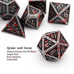 Haxtec Blood Splatter Metal DND Dice Set W/Gift Leather Dice Bag Bloodstained D&D Dice Spider Web Pattern Polyhedral Dice for Dungeons and Dragons TTRPG Games