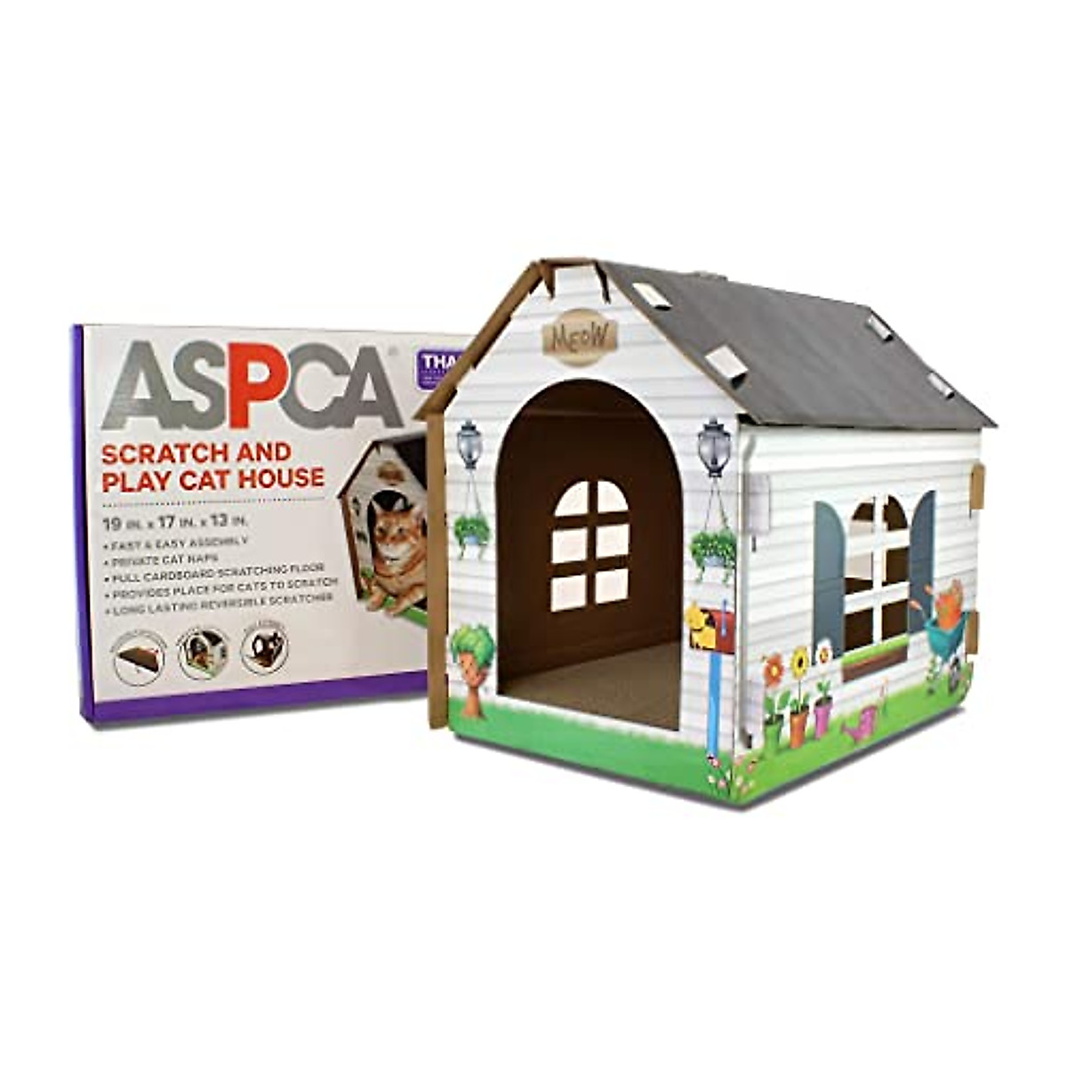 ASPCA Cardboard Cat House Hideaway Playhouse with Cat Scratcher Scratching Pad 19"L x 13"W x 17"H