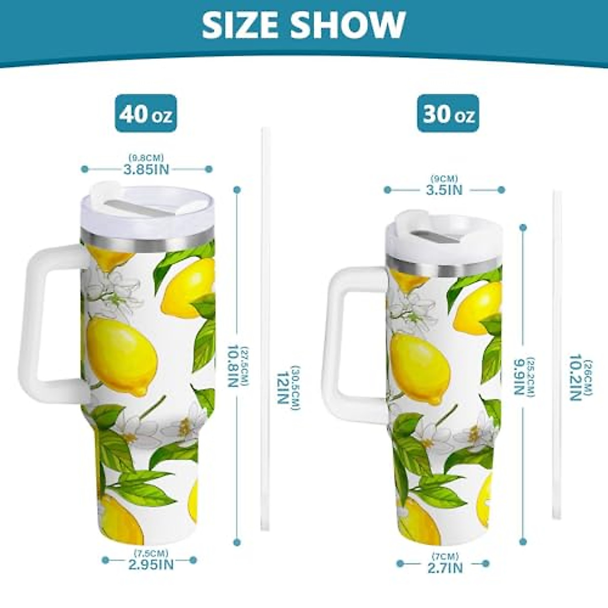 RPLIFE Bright Yellow Lemons White 40 Oz Tumbler, Stainless Steel Tumbler with Straw, Tumblers for Women