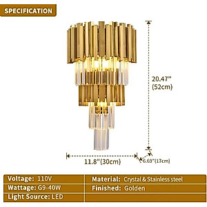 WABON Modern Crystal Wall Sconce Lighting 3-Light Gold Wall Sconce Crystal Hallway Wall lamp for Living Room Antique Gold