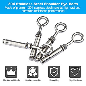 Shoulder Eye Bolts M10 Heavy Duty Shoulder Lag Eyebolts, Stainless Steel Expansion Screws Wall Concrete Anchors Fastener with Nut for Wall Ceiling Concrete Masonry, 10PCS