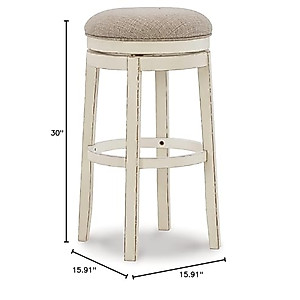 Signature Design by Ashley Realyn French Country Upholstered Swivel Bar Height Bar Stool with Foam Cushioned Seat, White & Beige