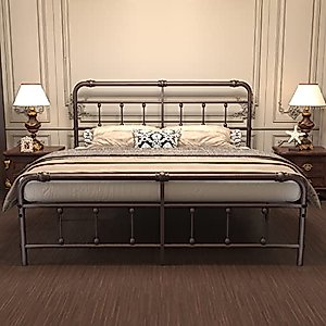 Debercu Cal-King-Size-Bed-Frame with-Headboard and Footboard - No Box Spring Need,Victorian Vintage Heavy Duty Metal Platform Mattress Foundation(Brown)
