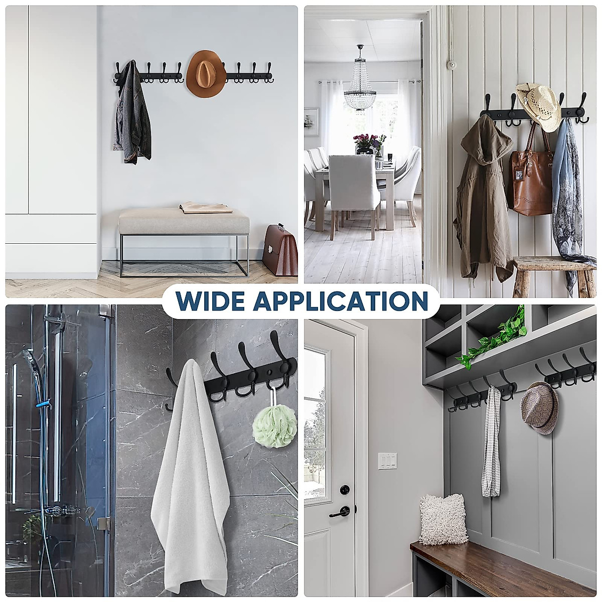 TICONN Wall Mounted Coat Rack, Five Heavy Duty Tri Hooks All Metal Construction for Jacket Coat Hat in Mudroom Entryway (Matte Black, 2-Pack)