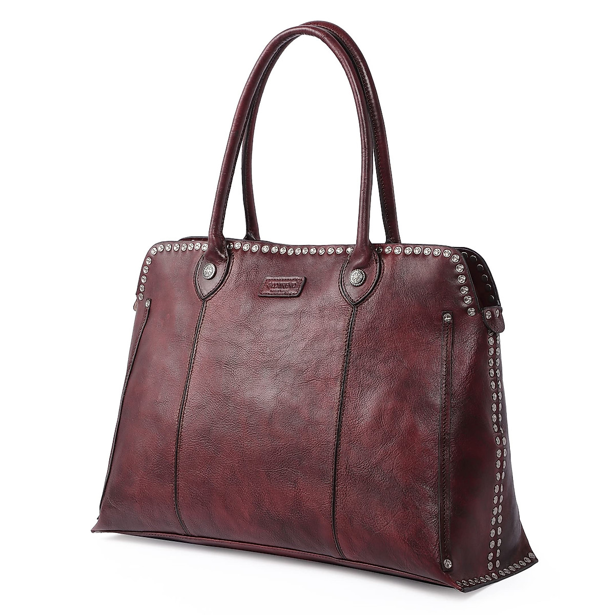 OLD TREND Genuine Leather Soul Stud Satchel Tote Bag Office Daily Handbage (Rusty Red)