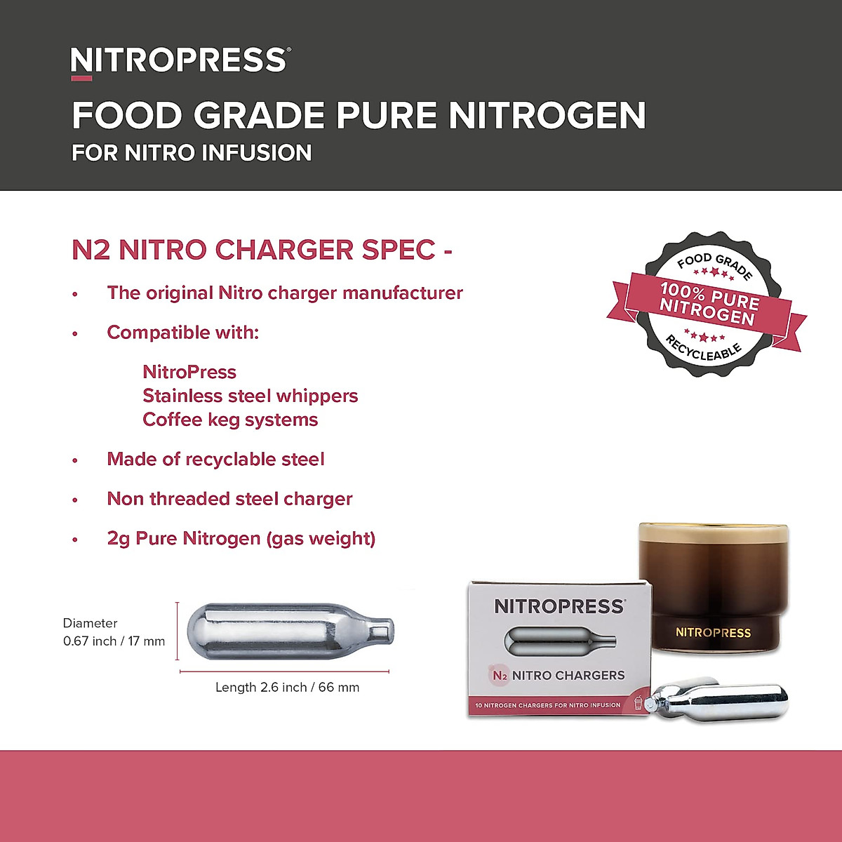 Hatfields London NitroPress Coffee Nitrogen Chargers, Use with NitroPress Instant Nitrogen Diffuser for Nitro Cold Brew Coffee (40 Cartridges)