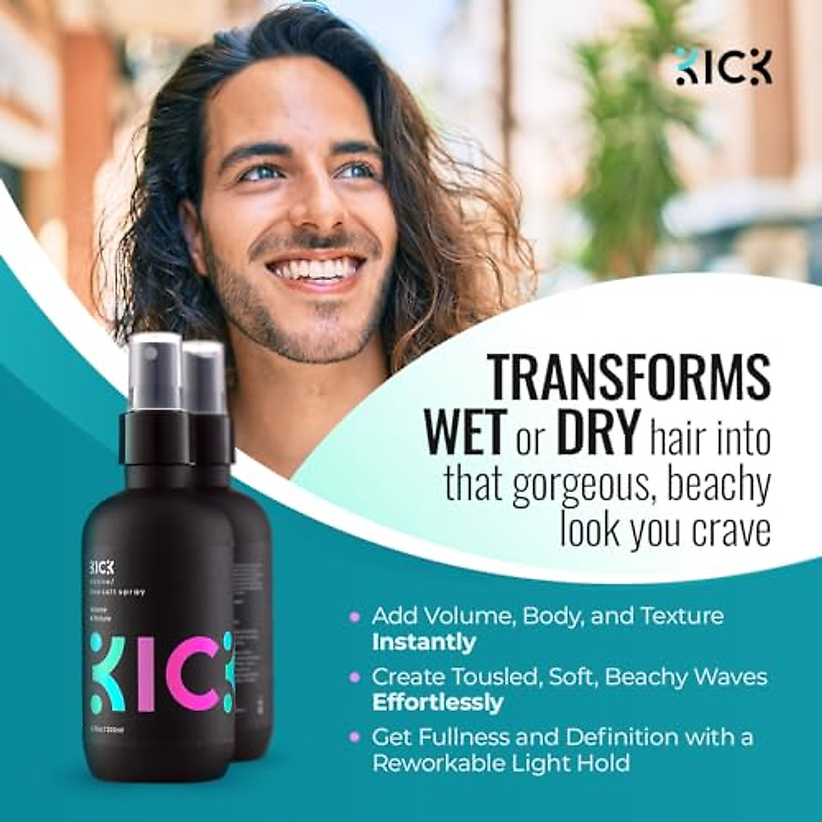 Kick Sea Salt Spray for Hair Men - Beachy Waves and Surfer Hair Style - Salt Water Spray for Hair - Natural Texturizing and Volumizing Hair Spray - 200ml