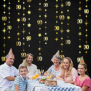 Gold 90th Birthday Decorations Number 90 Circle Dot Twinkle Star Garland Metallic Hanging Streamer Bunting Banner Backdrop for Women Mens 90 Year Old Birthday Nighty Anniversary Party Supplies