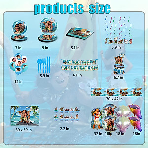 Moana Birthday Party Supplies, Birthday Party Decorations Including Banner Balloons Cupcake Toppers Tablecloth Tableware Background for Moana Theme Party Decorations