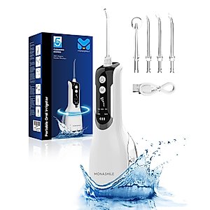 Monasmile 350ML Water Dental Flosser Cordless, 5 Modes, 4 Nozzles, IPX7 Waterproof, Battery Indicator, Rechargeable Portable Oral Irrigator for Teeth Deep Cleaning, Home Travel Use (White)