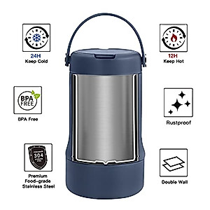 Ideus 20 oz Insulated Food Jar, Stainless Steel Vacuum Thermal Lunch Box Soup Thermoses with Folding Spoon, Leakproof Food Container for School Office Picnic Travel Camping, Navy Blue
