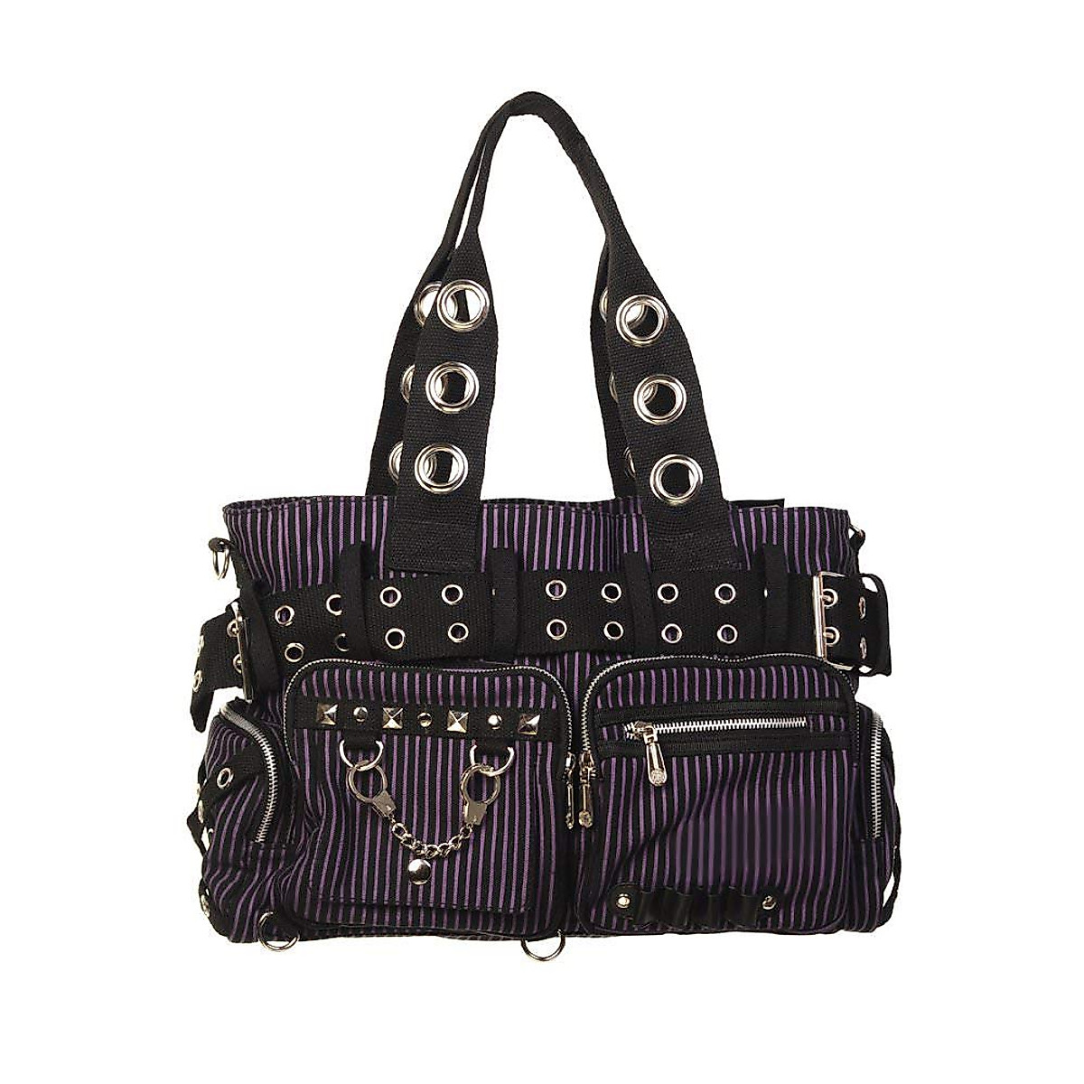 Lost Queen Striped Punk Rock Steampunk Purse with Handcuff Skull Charm (Purple)