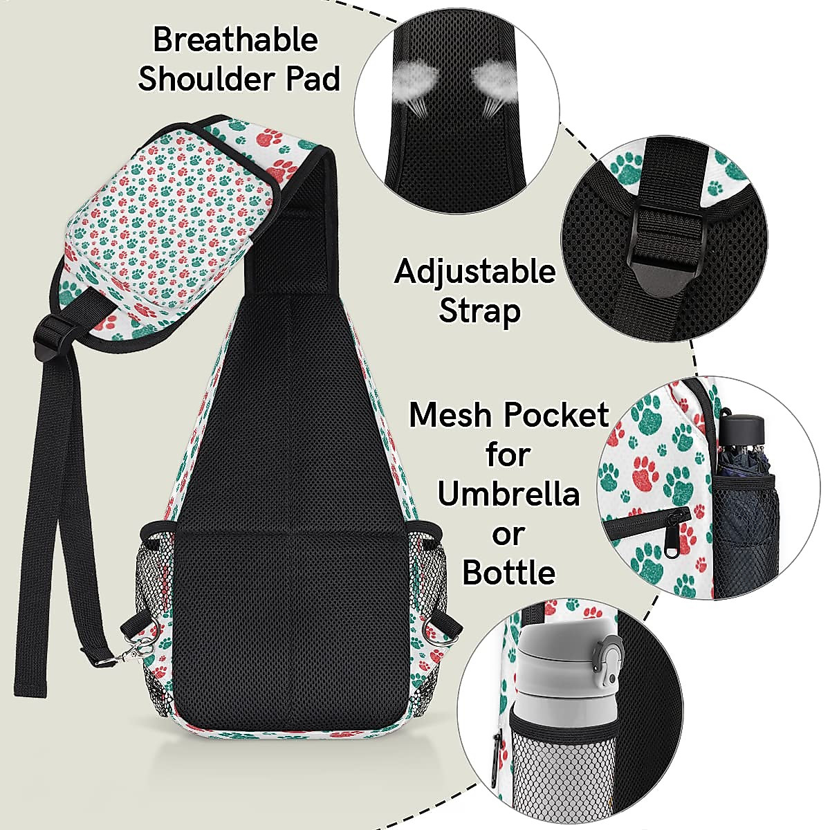 Mularoka Polka Dots Paw Sling Bag Crossbody Sling Backpack for Women Men, Pawprints Travel Hiking Chest Bag Daypack Small Cross Body Sling Bags