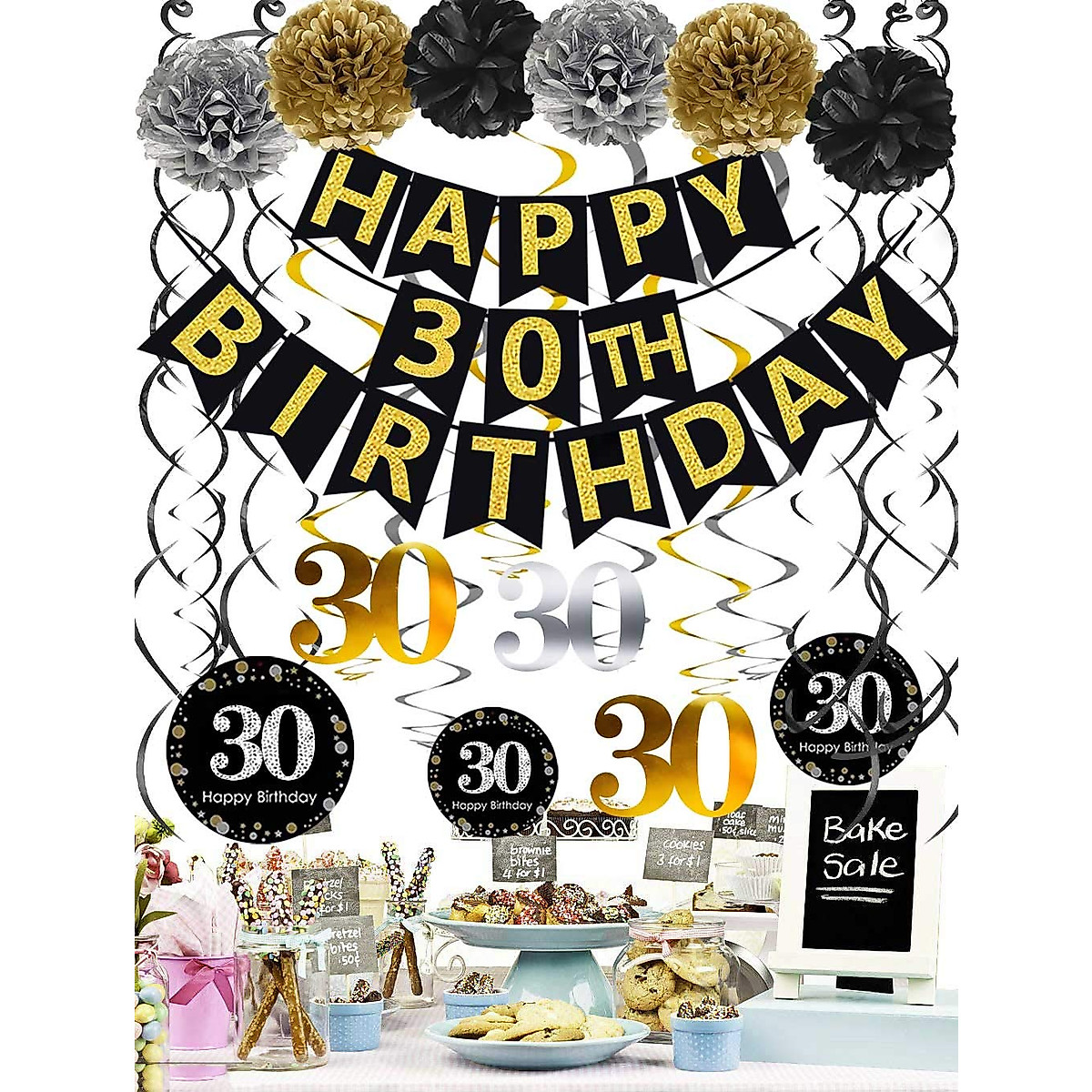 Famoby Black & Gold Glittery Happy 30th Birthday Banner,Poms,Sparkling 30 Hanging Swirls Kit for 30th Birthday Party 30th Anniversary Decorations Supplies
