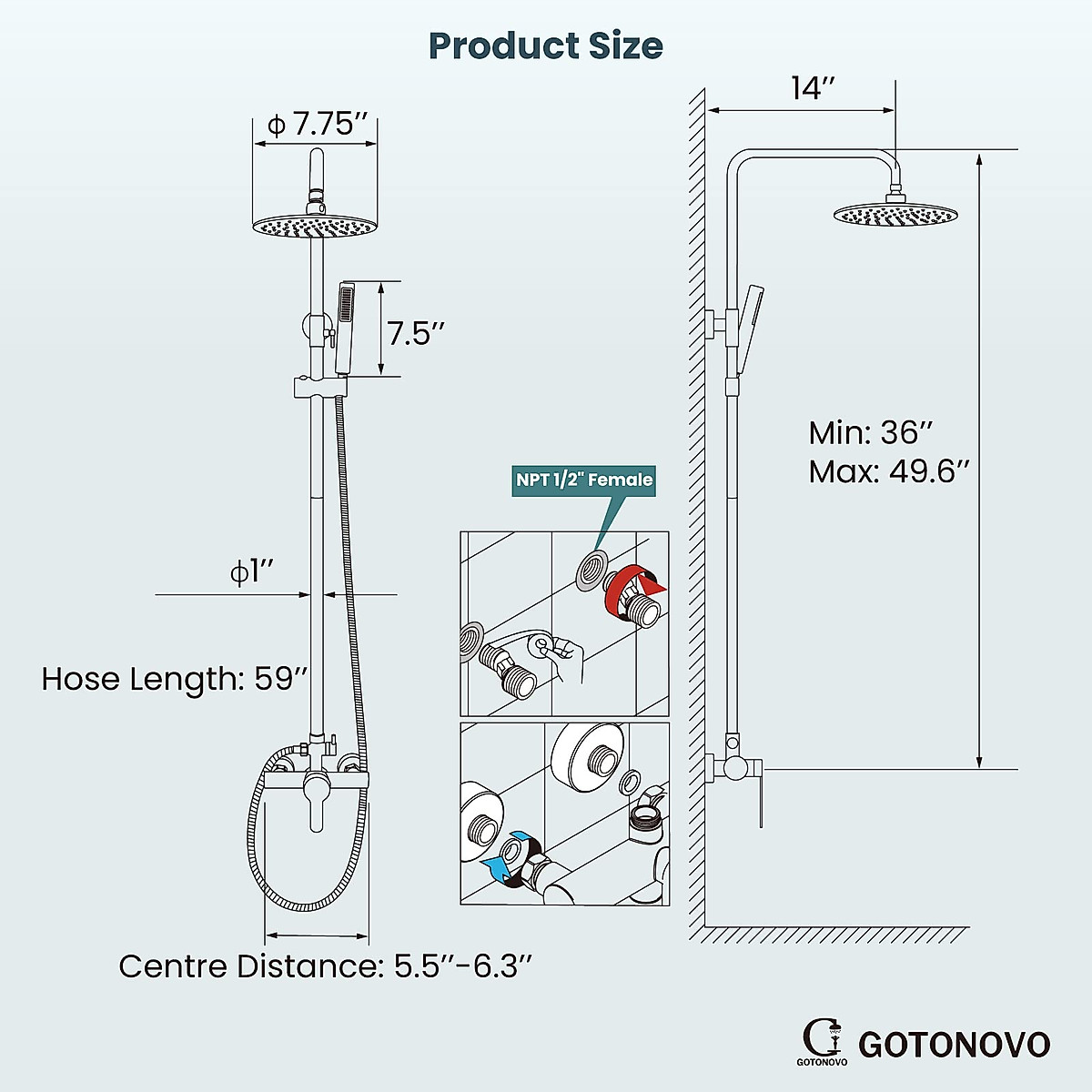 gotonovo Matte Black Outdoor Shower Fixture SUS304 System Combo Set Rainfall Single Handle High Pressure Hand Spray Wall Mount 2 Dual Function Stainless Steel