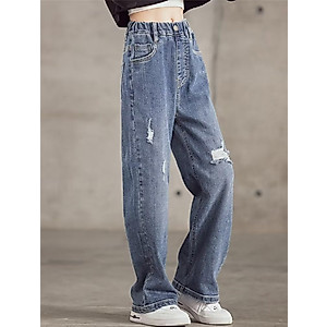 Sitmptol Teen Girl's High Waisted Straight Leg Ripped Jeans Washed Denim Pants with Pockets Wide Leg Blue Ripped 160 11-12 Years