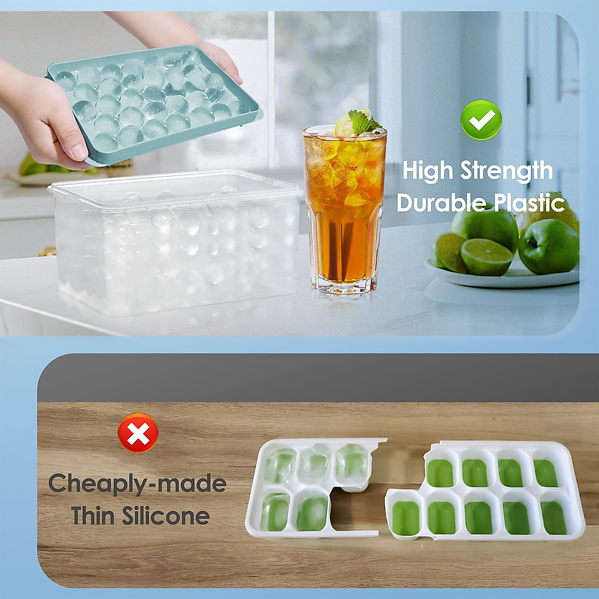 Round Ice Cube Tray with Lid & Bin Ice Ball Maker Mold for Freezer with Container Mini Circle Ice Cube Tray Making 66PCS Sphere Ice Chilling Cocktail Whiskey Tea Coffee 2 Trays 1 ice Bucket & Scoop