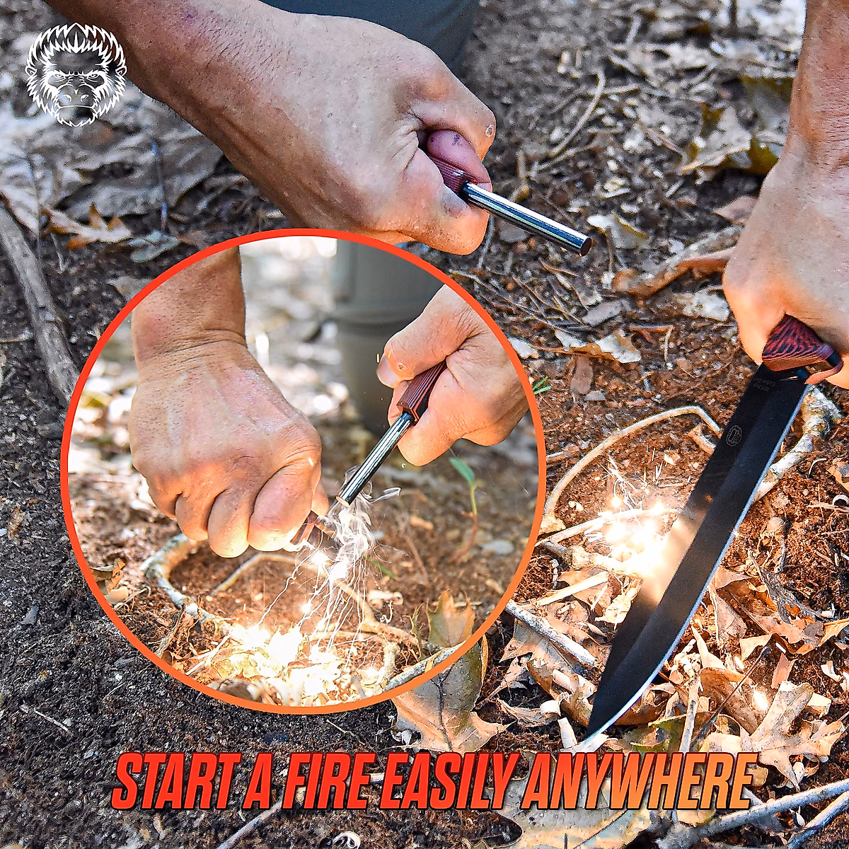 Holtzman's Gorilla Survival 'Mandrill' Fixed Blade Hunting Knife with Sheath, Fire Starter, G10 Scraper & Paracord (Red+Black)