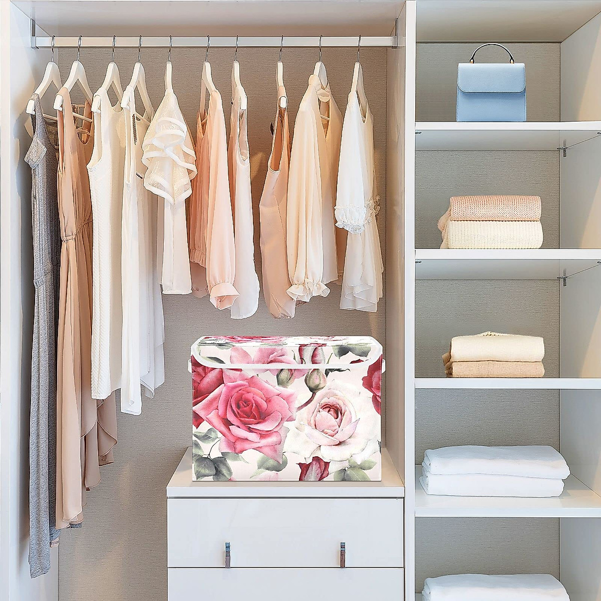 MFTJYO Storage Bin with Lid Pink Rose Foldable Storage Box Washable Fabric Storage Cubes Bin Organizer Basket Closet for Home Bedroom Closet Nursery Office