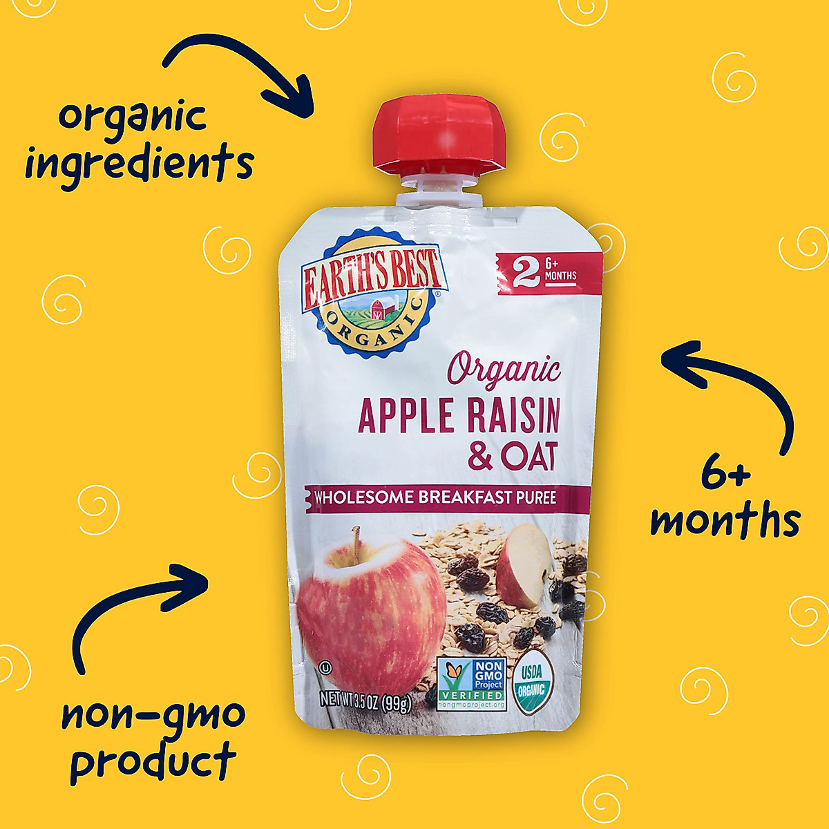 Earth's Best Organic Stage 2 Baby Food, Apple Raisin Breakfast, 4 Oz Pouch