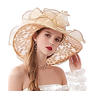 ORIDOOR Women?s Organza Church Kentucky Derby Tea Party Wedding Fascinator Hat UV-Anti Wide Brim Sun Hats, A Gold, One Size
