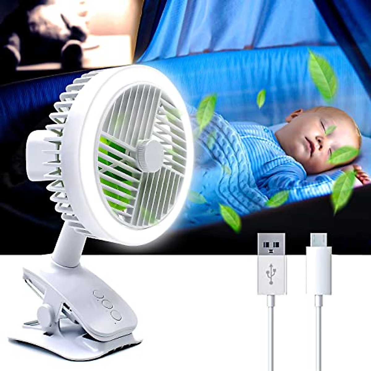 VOLLUCK Stroller Fan Clip on Rechargeable Battery Operated Portable Small Mini Fan with LED Light, 2000mA Long Lasting Handheld Powered Fan on for Baby, Travel, Indoor, Car Seat