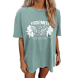 CSDAJIO Women's Graphic Oversized Tee Mountain Letter Print National Park Shirt Vintage Half Sleeve Loose Casual T Shirts Yosemi LightGreen Large