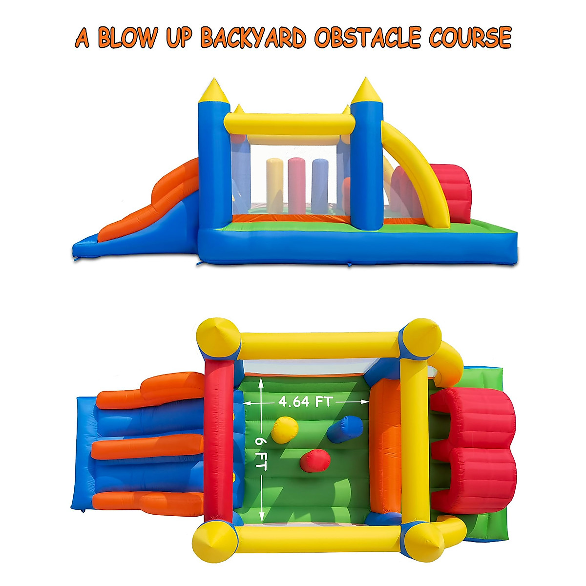 HuaKastro 16.3x7.2FT Kids Inflatable Obstacle Bounce House with Dual Racing Slides, Crawl Tunnels, Climbing, Obstacles, Jumping All in One Castle Great for Children's Outdoor Party - with Blower