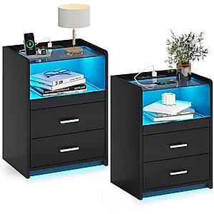 AOGLLATI LED Nightstand Set of 2 with Charging Station, Night Stand with Pull-Out Shelf, 2 Drawers, Bedside Table with LED Lights, Modern End Table with USB Ports Outlets, 2 Pack, Black