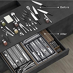 Ipanda Cutlery Tray, Cutlery Organizer, Non-Silp 5 Compartments Utensil Drawer Storage, Kitchen/Office, Steel Mesh Silverware Drawer/Holder/Divider (Black)