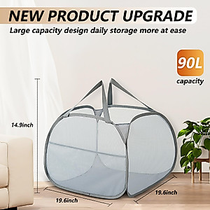 YTEACIUL 2Pcs Collapsible Laundry Baskets,Gray Mesh Pop Up Laundry Basket,Space-Saver with Side Pocket,Portable & Versatile Bathroom and Home Organizer for Laundry and Storage (90L)