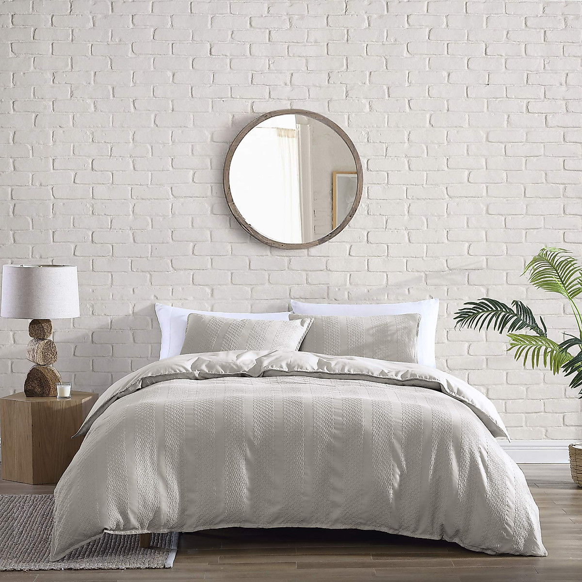 Brielle Home Billie Solid Garment Washed 100% Cotton Jacquard Stripe Duvet Cover Set, Linen, Full/Queen