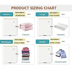 PicoHemmo Vacuum Storage Bags 10-PACK for Travel Packing Space Saver Bags for Comforters Blankets and Pillows Sealler Bags Hand Pump Included(S*2+M*3+L*3+J*2)