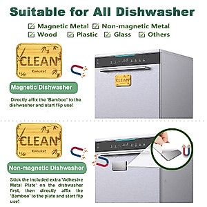 Dishwasher Magnet Clean Dirty Sign, Bamboo Indicator for Magnetic & Non-Magnetic Dishwashers, Non-Scratch Easy to Read Reversible Dishwasher Magnet Clean Dirty Sign with Optional Adhesive Metal Plate