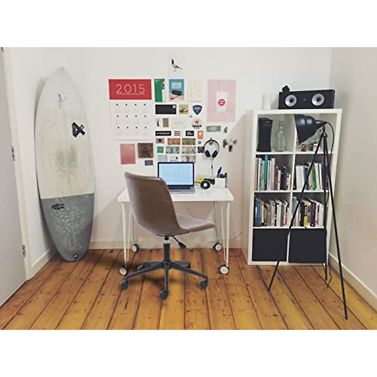 BTEXPERT Mid Back Faux Leather Task Home Office Desk, Modern Vanity Wheels Black Base Height Adjustable Swivel Armless Chair, Brown-1