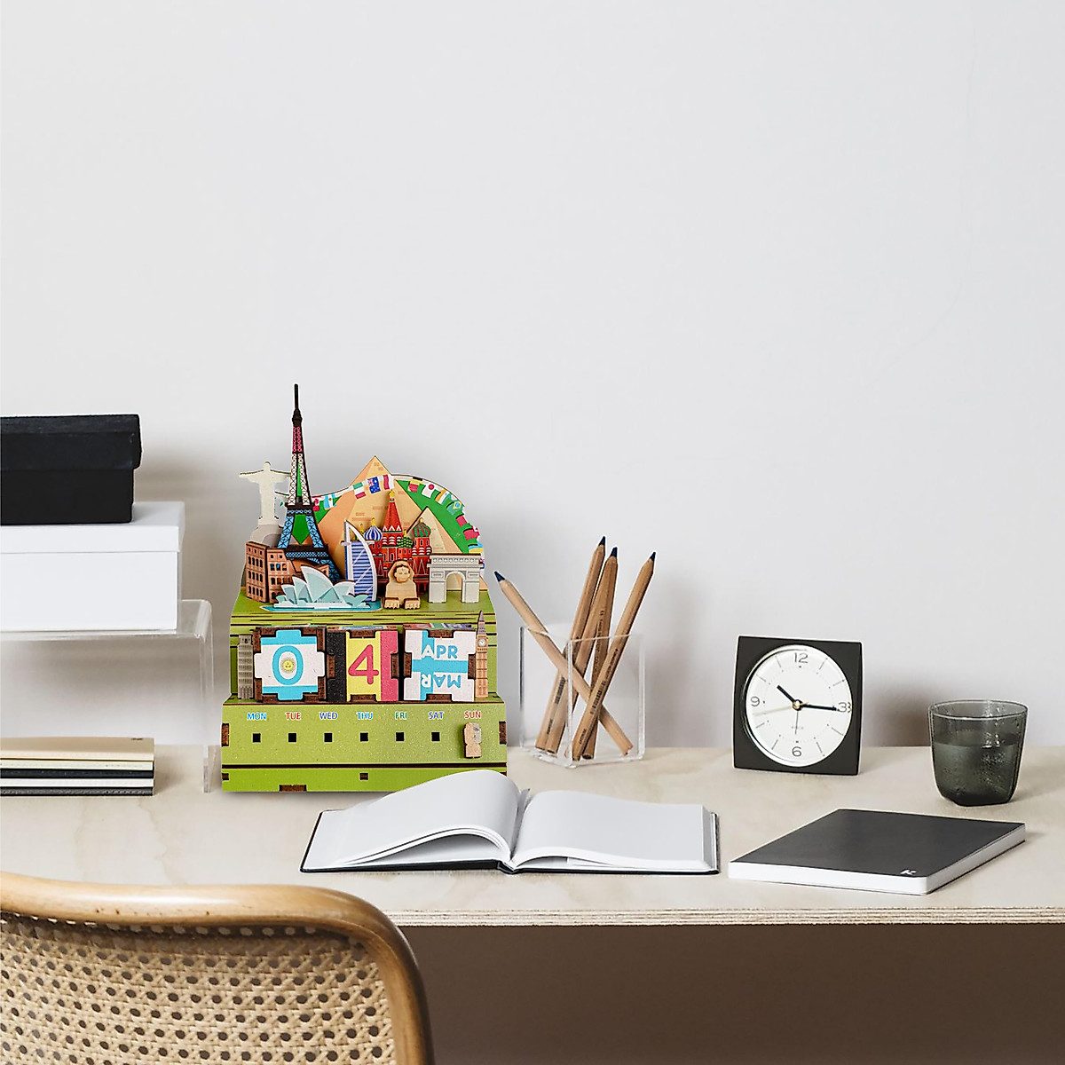 Tonecheer 3D DIY Wooden Yearly Calender, Creative Desk Calender, 3D Puzzle Decorative Calendar, Small Desk Calendar, Table Calendar (World Culture Calendar)