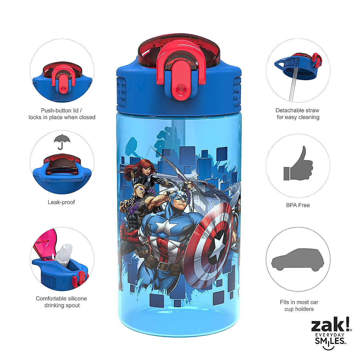 Zak Designs Kids Durable Plastic Spout Cover and Built-in Carrying Loop, Leak-Proof Water Design for Travel, (16oz, 2pc Set), Marvel Avengers