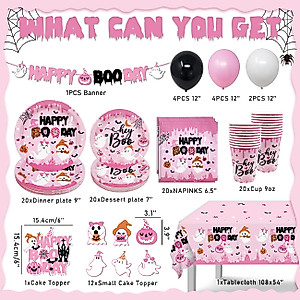 Halloween Pink Birthday Decoration Tableware, Happy Boo Day Halloween Dinnerware with Cute Ghost Plates and Napkins for Halloween Baby Shower Party Supplies,Serve 20