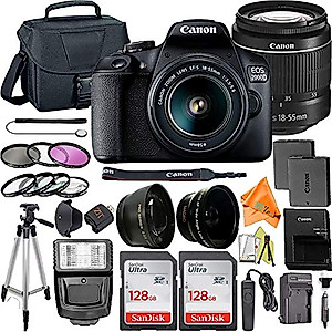 Canon EOS 2000D / Rebel T7 Digital SLR Camera 24.1MP with 18-55mm Zoom Lens + ZeeTech Accessory Bundle, 2 Pack SanDisk 128GB Memory Card, Telephoto and Wideangle Lenses, Flash, Tripod (Renewed)