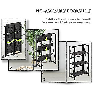 4NM No-Assembly Folding Bookshelf Storage Shelves 3 Tiers Vintage Bookcase Standing Racks Study Organizer Home Office (Gray and Black)