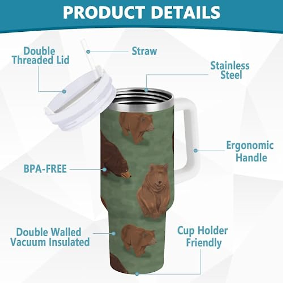 DIGTIA Stainless Steel Insulated Tumbler w/Handle & Straw, Brown Bears Double Wall Vacuum Travel Coffee Mug Cup w/Lid, Leak-Proof Sports Cartoon Water Bottle,30oz