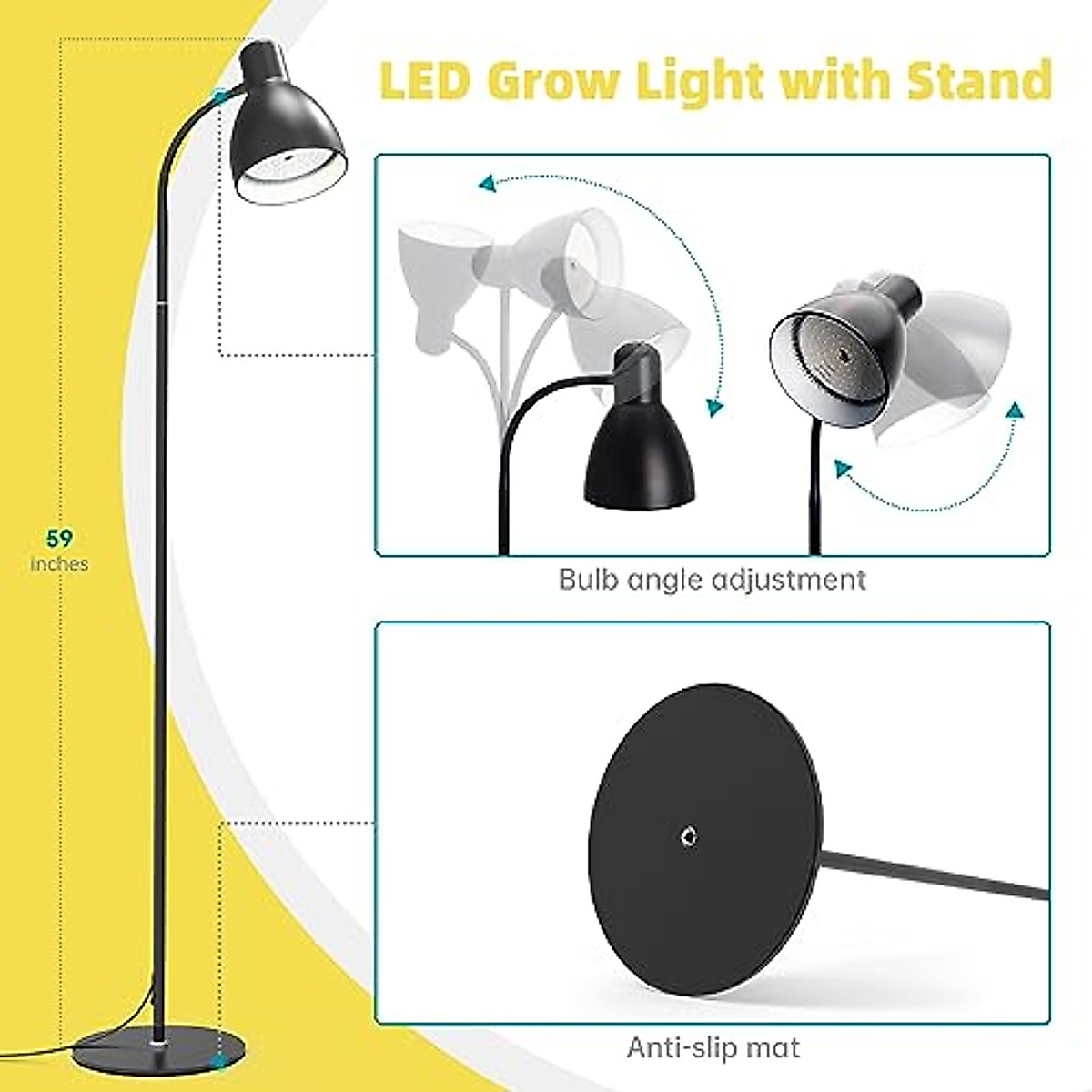 Bstrip Grow Light with Stand, 5000K Full Spectrum Plant Light for Indoor Plants, 25W LED Grow Light for Plants, Floor Grow Lamp with On/Off Switch, 59" H Stand with Adjustable Angle Light Bulb