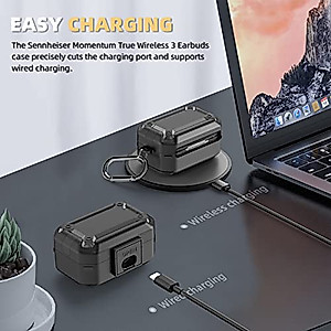WOFRO Case for Sennheiser Momentum True Wireless 3 Earbuds with Secure Lock Clip Hard Shell Protective Cover Military Armor Series Full-Body Shockproof with Carabiner (Black)