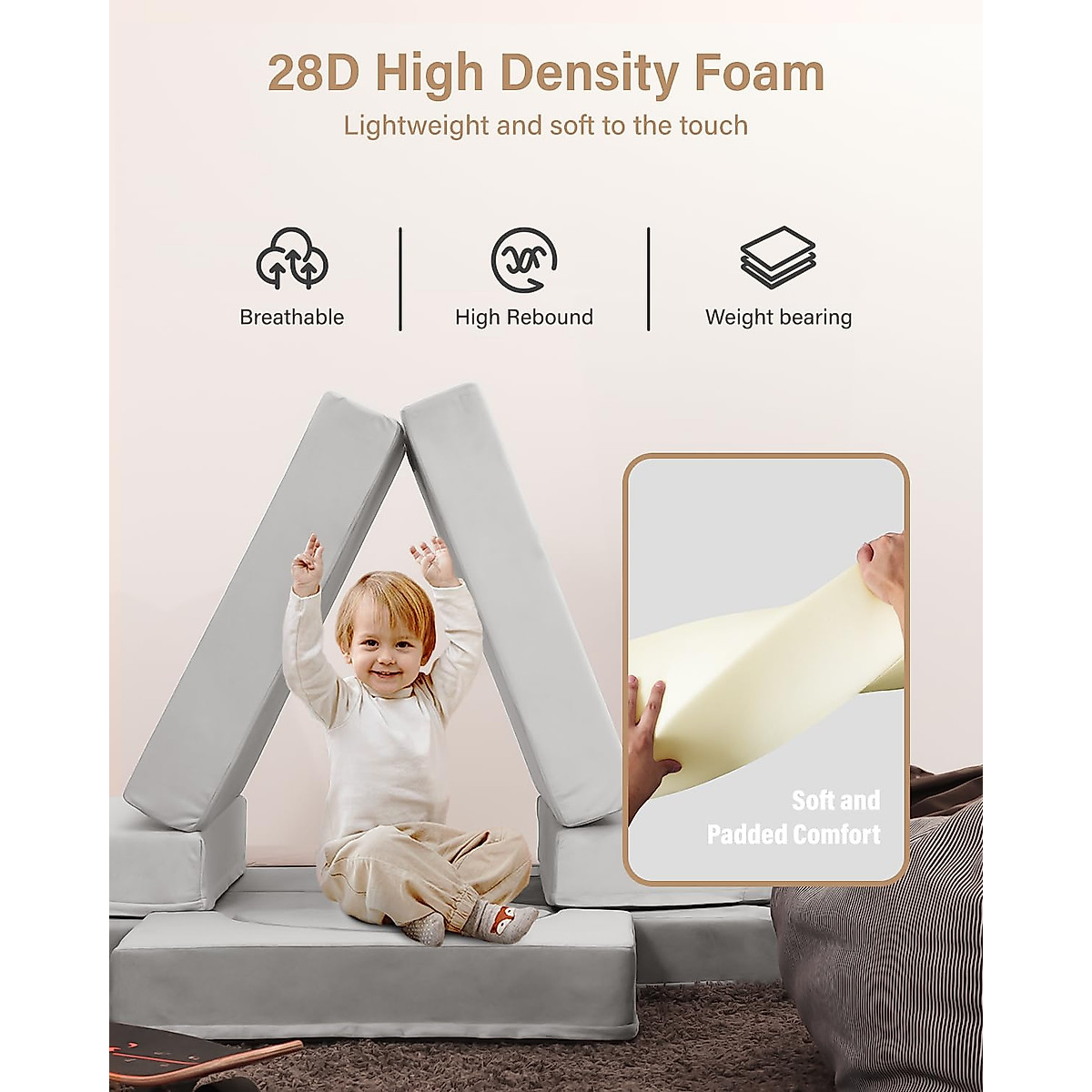 YEFU 15pcs Modular Kids Play Couch for Toddler-Cushion for Nugget Couch Kids, Convertible Kids Play Couch-Kids Sofa for Playroom and Bedroom Furniture for Toddlers, Play Couch for Boys and Girls, Grey