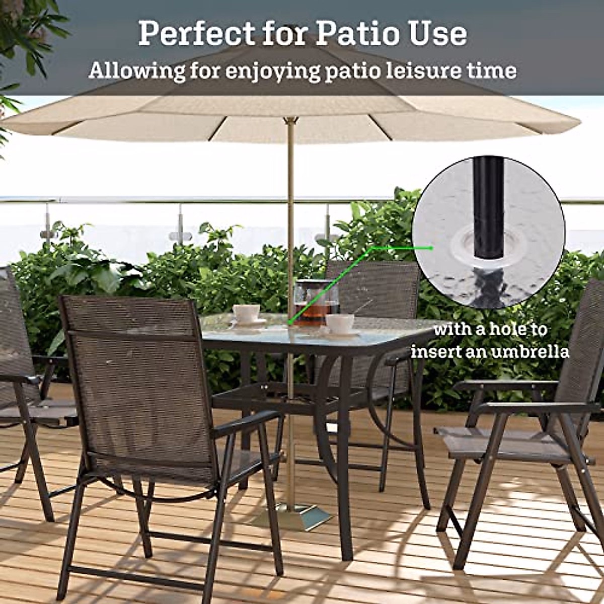 soges 41in Outdoor Patio Bistro Coffee Tea Table, Square Tempered Glass Steel Frame Dining Table with Umbrella Hole,All Weather Outside Desk for Garden Lawn Balcony Backyard, Black 30LHYW-OT03BK105