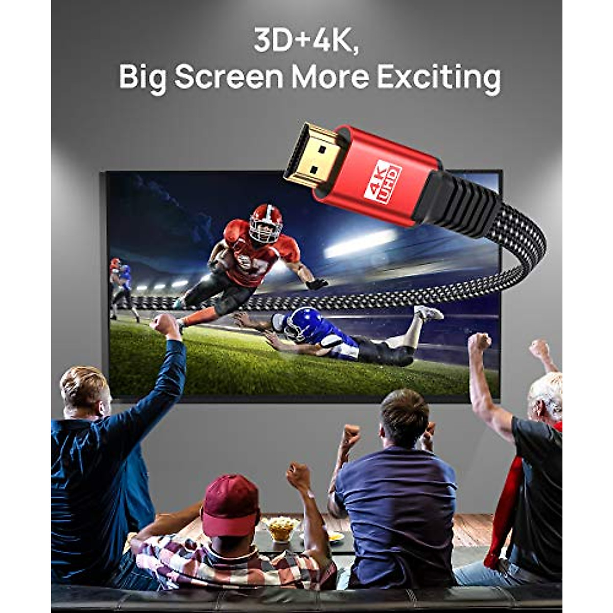 JSAUX 4K HDMI Cable 15ft, Flat Slim HDMI 2.0 Cable High Speed 18Gbps HDMI to HDMI Cord Support 3D, 4K@60Hz, 2160P, HD 1080P, Audio Return(ARC) Ethernet Compatible with UHD TV, Playstation PS4 PS3-Red