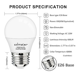 comzler E26 LED Ceiling Fan Light Bulbs 3000K Soft Warm White, 60 Watt Equivalent Light Bulbs, A15 LED Refrigerator Light Bulb, E26 Base Small Light Bulb, Eye Protection, 120V, 600LM, CRI 85+, 6 Pack