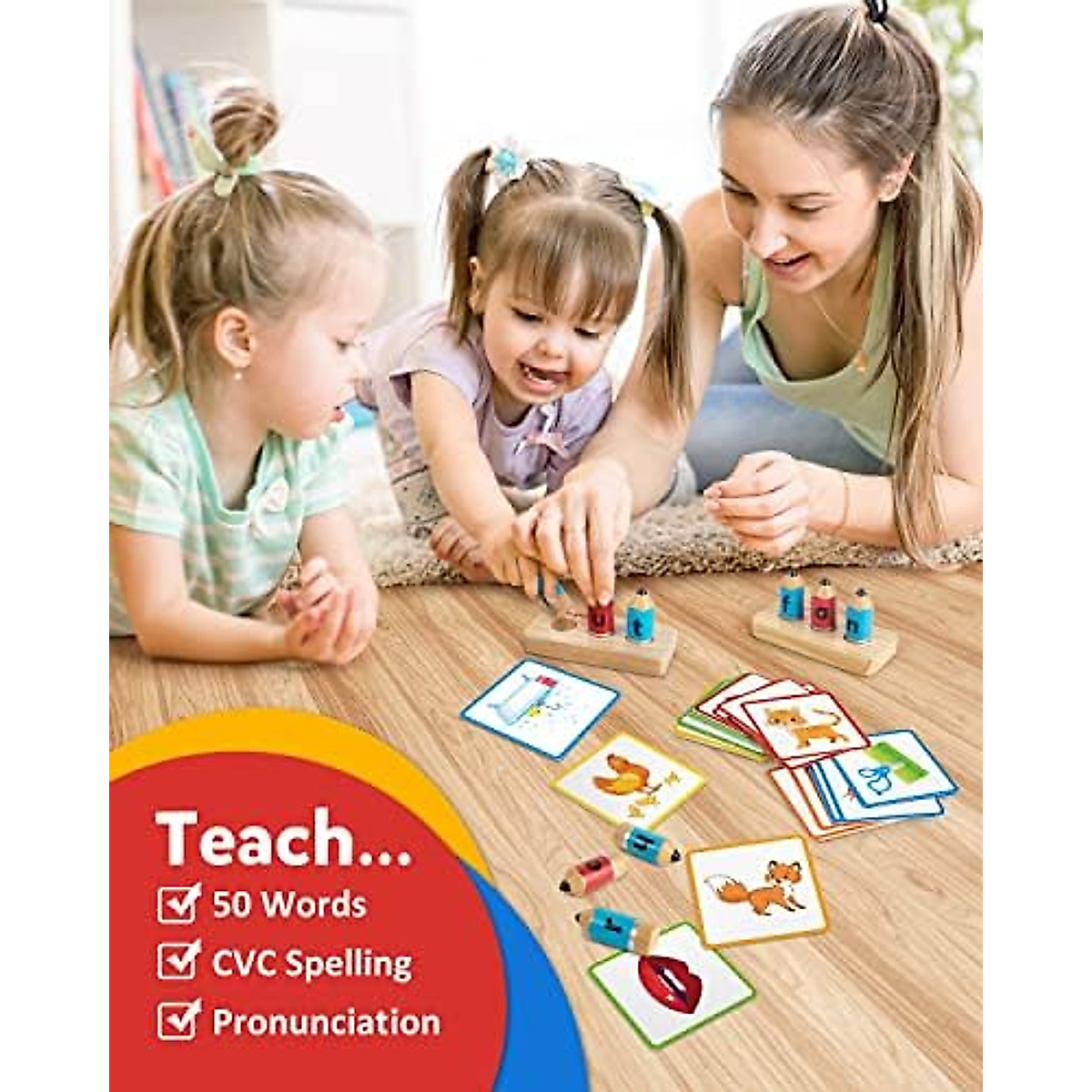 Coogam Wooden Short Vowel Spelling Games, Learn to Spell CVC Sight Words Educational Flashcards Fine Motor Montessori Alphabet Toy Gift for Kids 3 4 5 Years Old